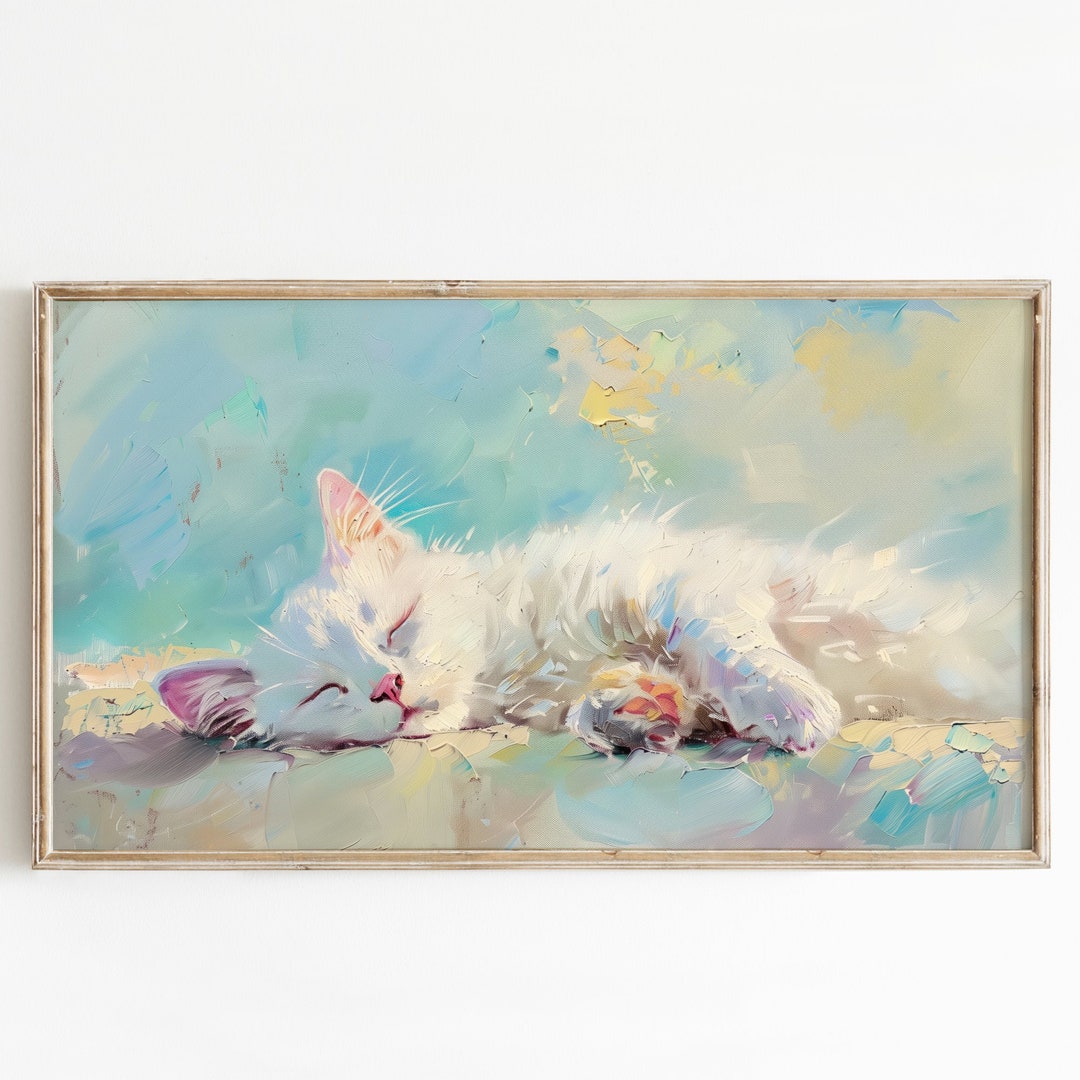 Cute Sleeping Cat Art Print for Frame TV, Pastel Cat Painting for ...