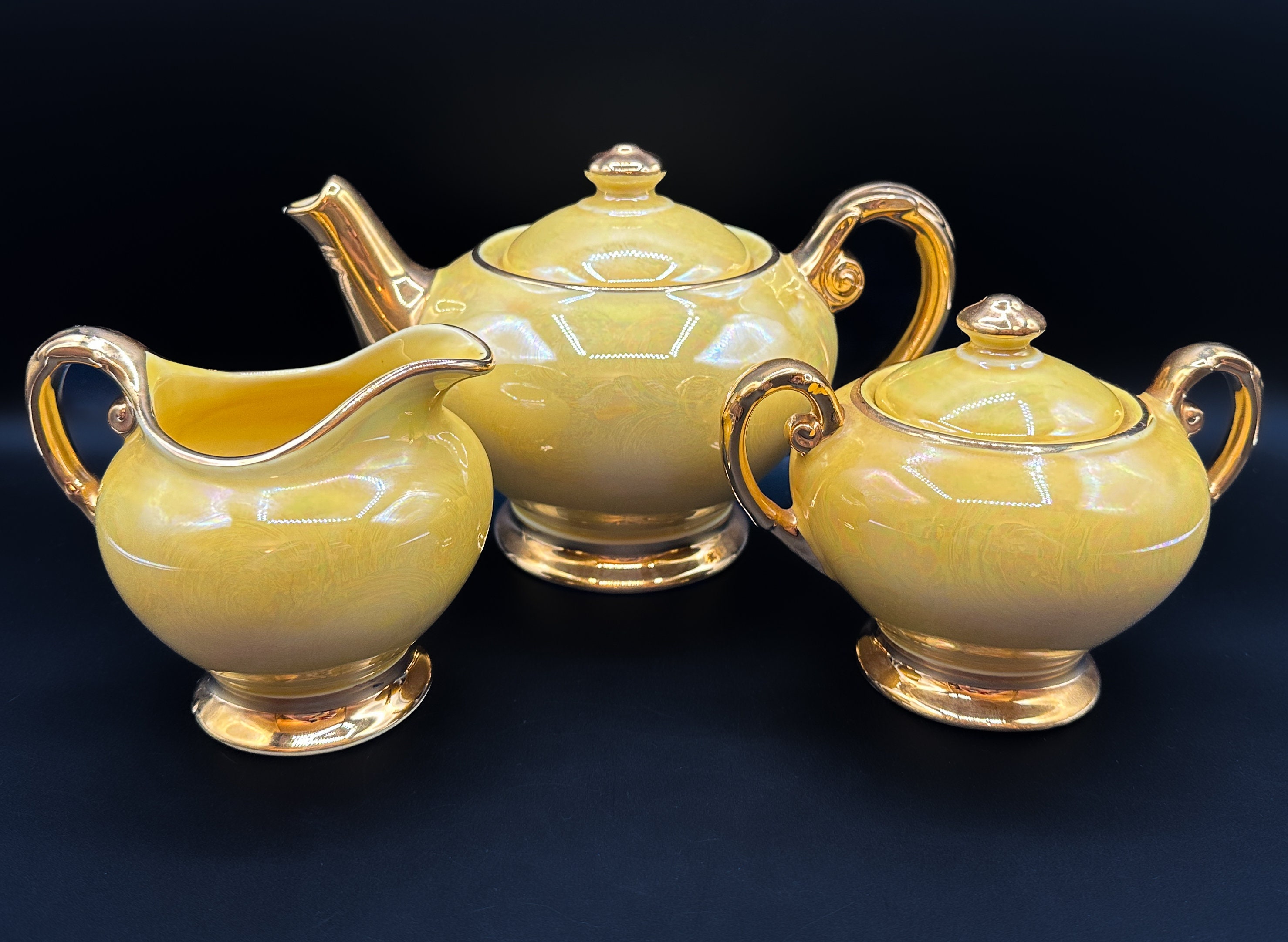 Vintage Acme Craftware 22KT Gold Trim Teapot, Sugar & Creamer Set - Etsy