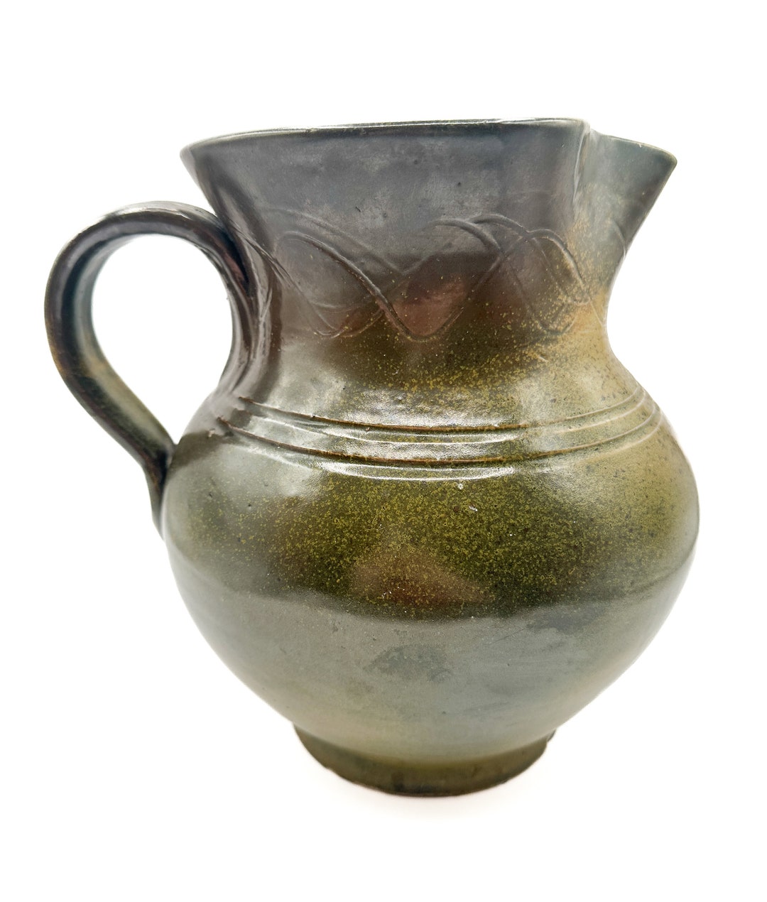 Large Vintage 9.25 Jugtown Ware Pottery Frogskin Green Pitcher Seagrove ...