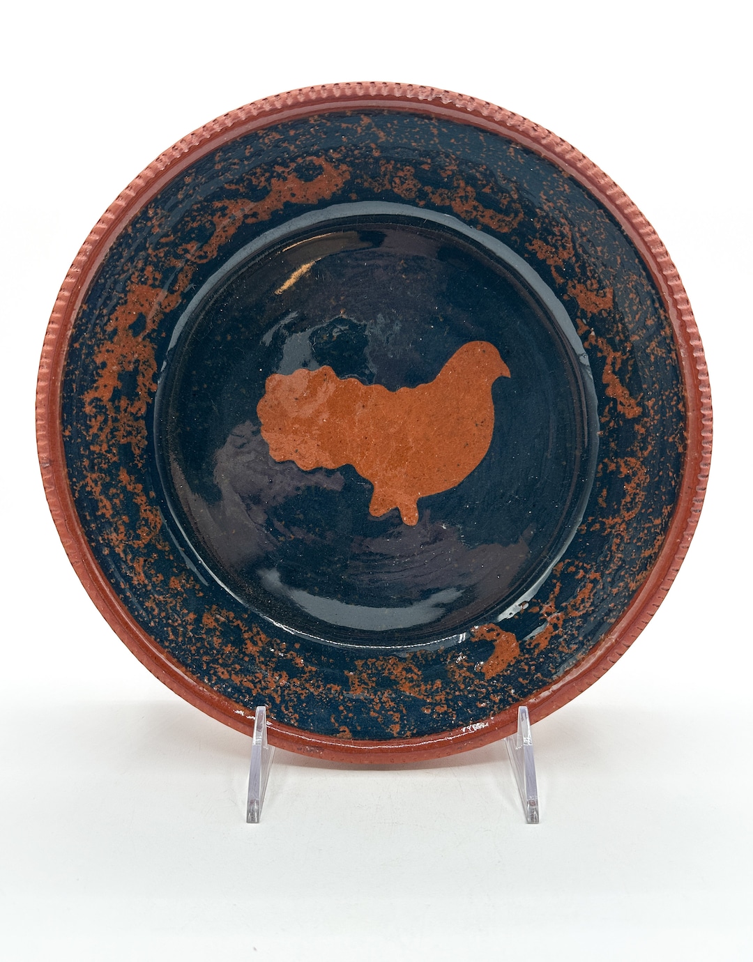 Vintage 1980 Ned Foltz 9 Chicken Pottery Pie Plate Redware With Blue ...