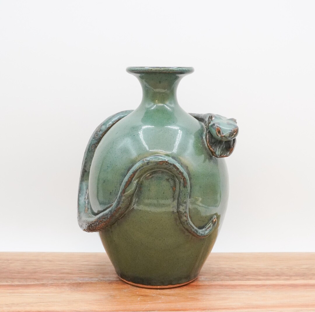 2002 North Cole Pottery 6.75" Green Snake Jug Vase Southern Folk Art ...