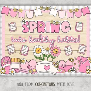 Spring Bulletin Board Ideas Healthy Habits School Nurse Door Decor Pink ...