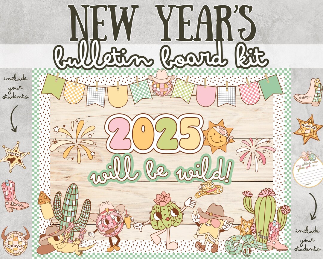 Western New Year Bulletin Board Kit 2025 Groovy Retro Decoration Ideas ...