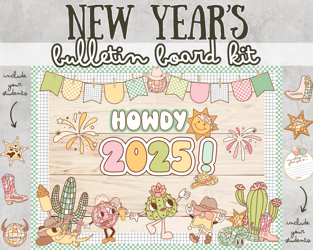 Western New Year Bulletin Board Kit 2025 Groovy Retro Decoration Ideas ...