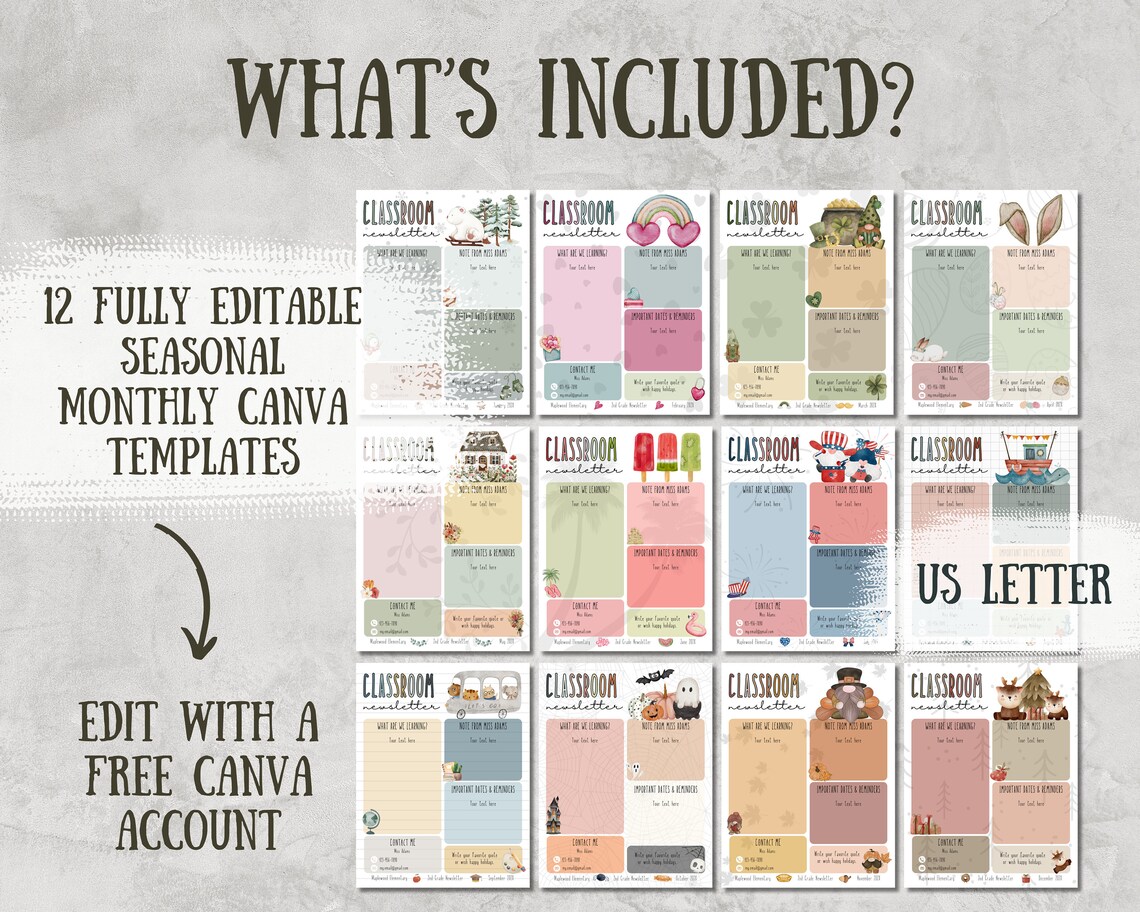 Monthly Classroom Newsletter Template Editable Yearly Bundle School ...