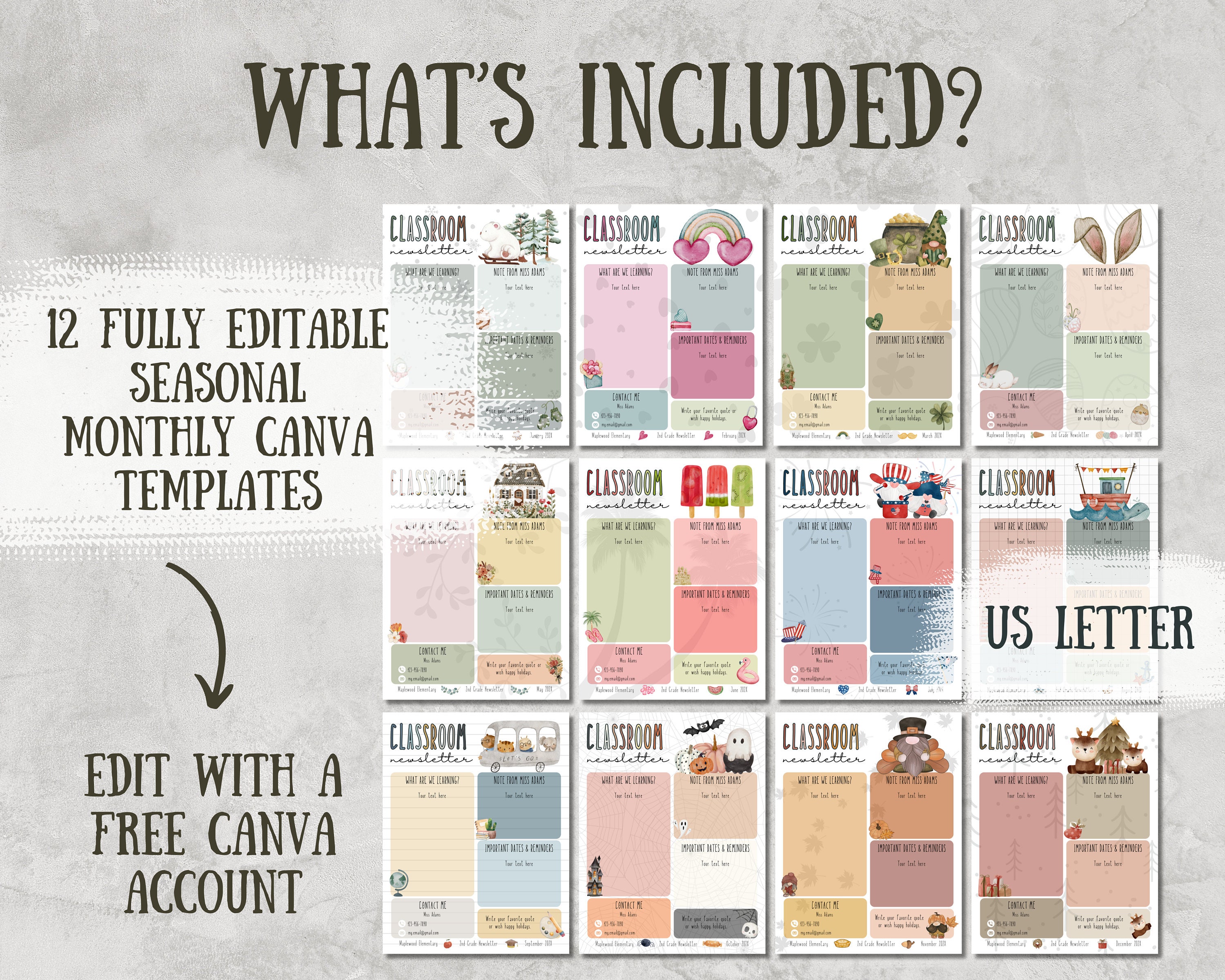 Monthly Classroom Newsletter Template Editable Yearly Bundle School ...