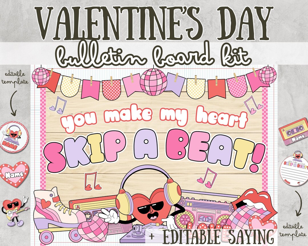 Valentine's Day Bulletin Board Kit February Groovy Retro Music Door ...