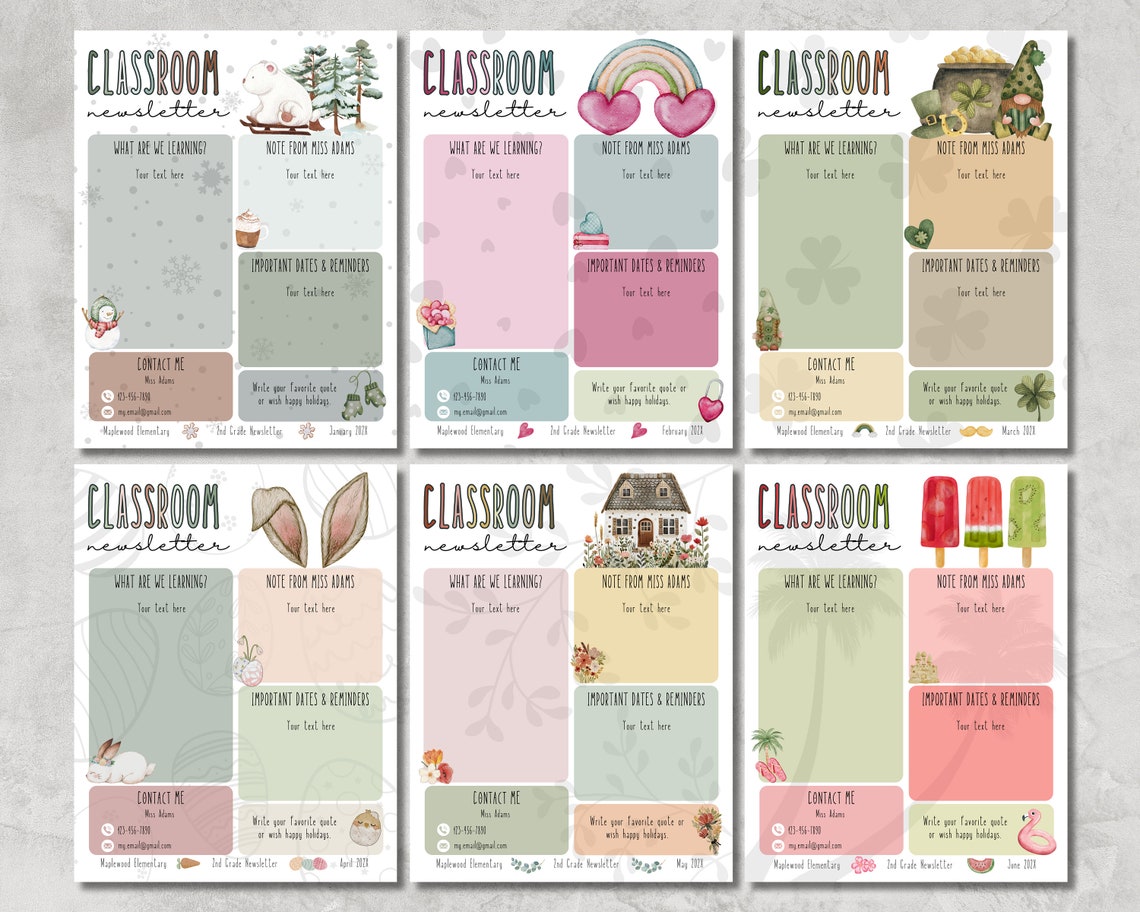 Monthly Classroom Newsletter Template Editable Yearly Bundle School ...