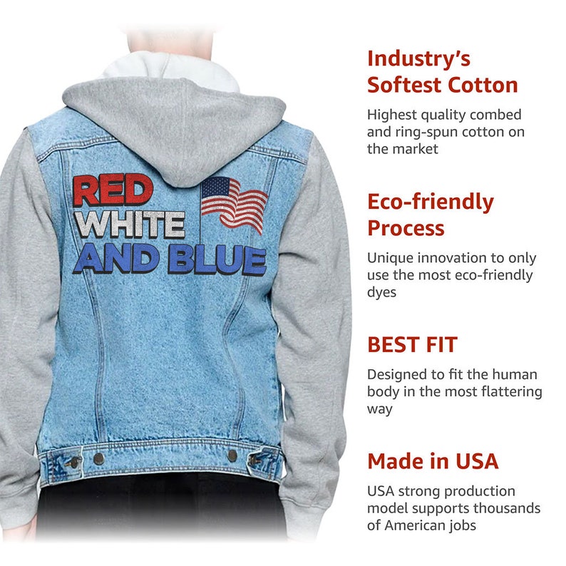 Red White and Blue Men's Denim Jacket With Fleece Hoodie - Etsy