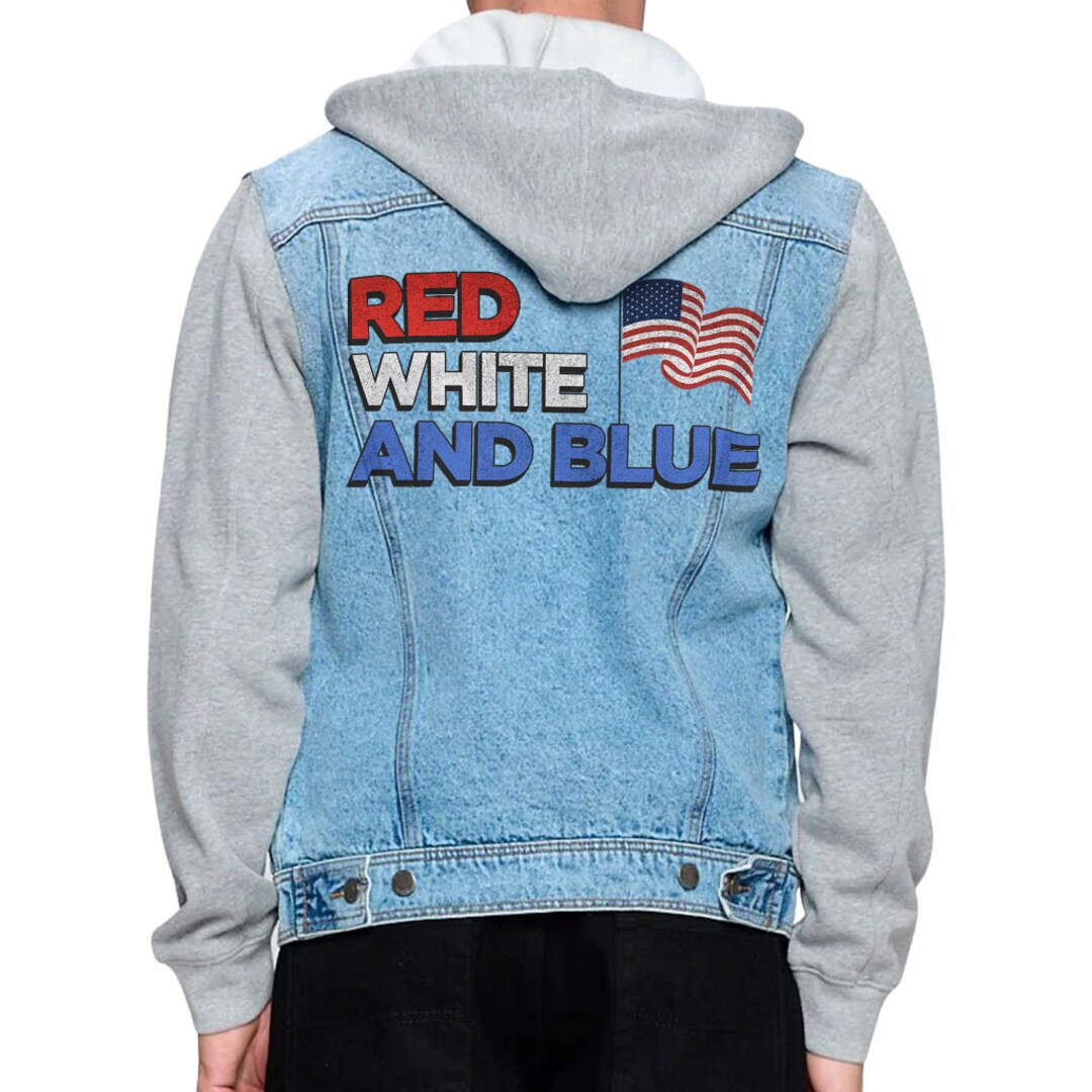 Red White and Blue Men's Denim Jacket With Fleece Hoodie American Flag ...