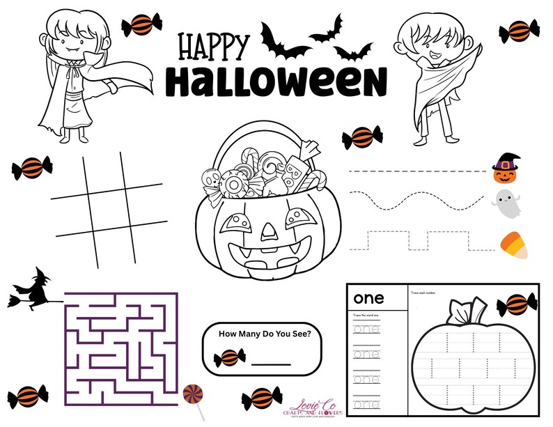 Printable Halloween Activity Mat for Kids: Coloring, Maze, Counting ...