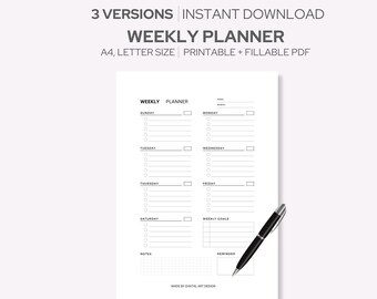 Weekly Planner Printable, Minimalist Weekly Schedule, Week at a Glance ...