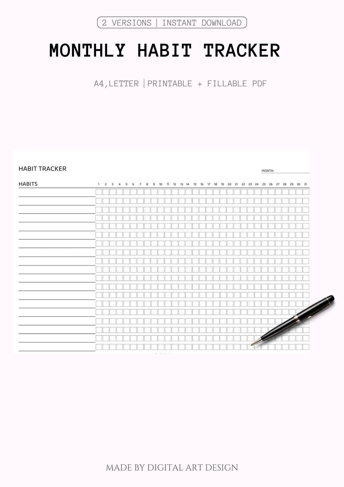 Monthly Habit Tracker Printable Landscape, Habit Tracker Template ...