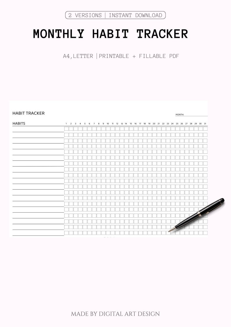 Monthly Habit Tracker Printable Landscape, Habit Tracker Template ...