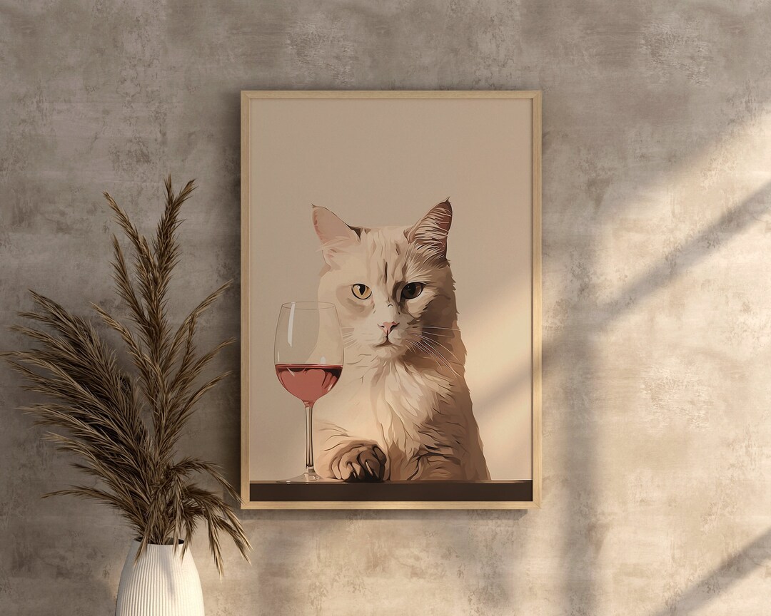 Beige Cat Wall Prints, Cat Art, Digital Download, Cat Lover Gift, Wine ...