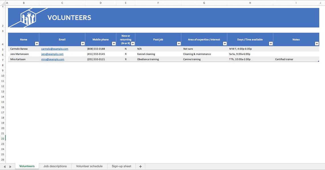 Volunteer Assignments Tracker | Editable Excel Sheet for Contact Info ...