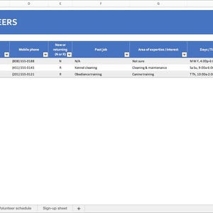 Volunteer Assignments Tracker | Editable Excel Sheet for Contact Info ...