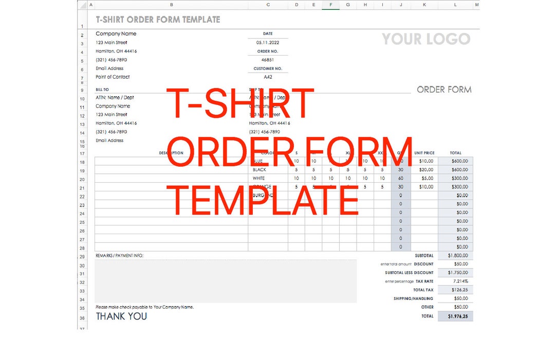 Excel Printable, Editable, Customizable, Fillable T-shirt Order Form ...
