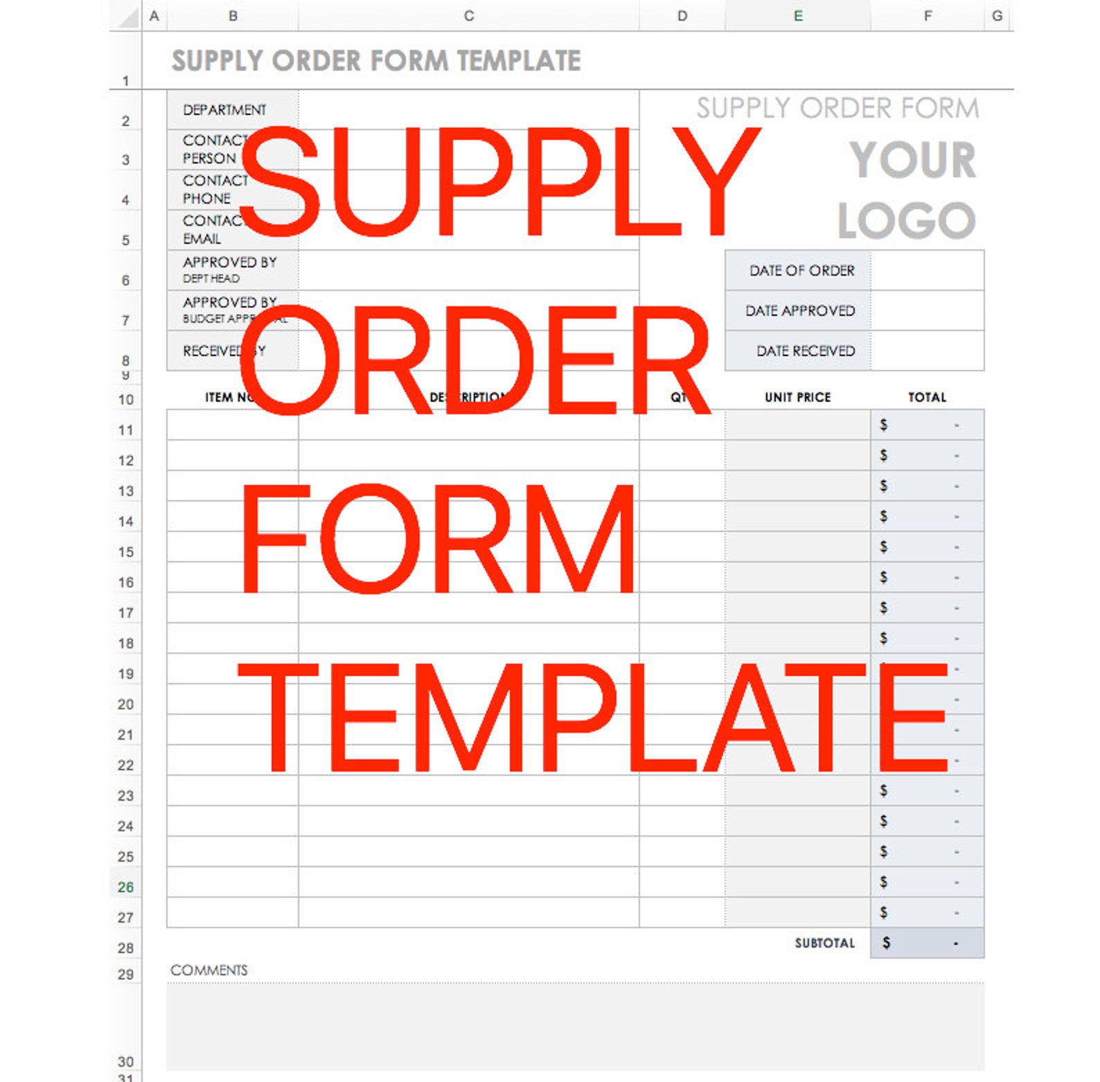 Fillable SUPPLY Order Form, Excel Printable, Editable, Customizable ...