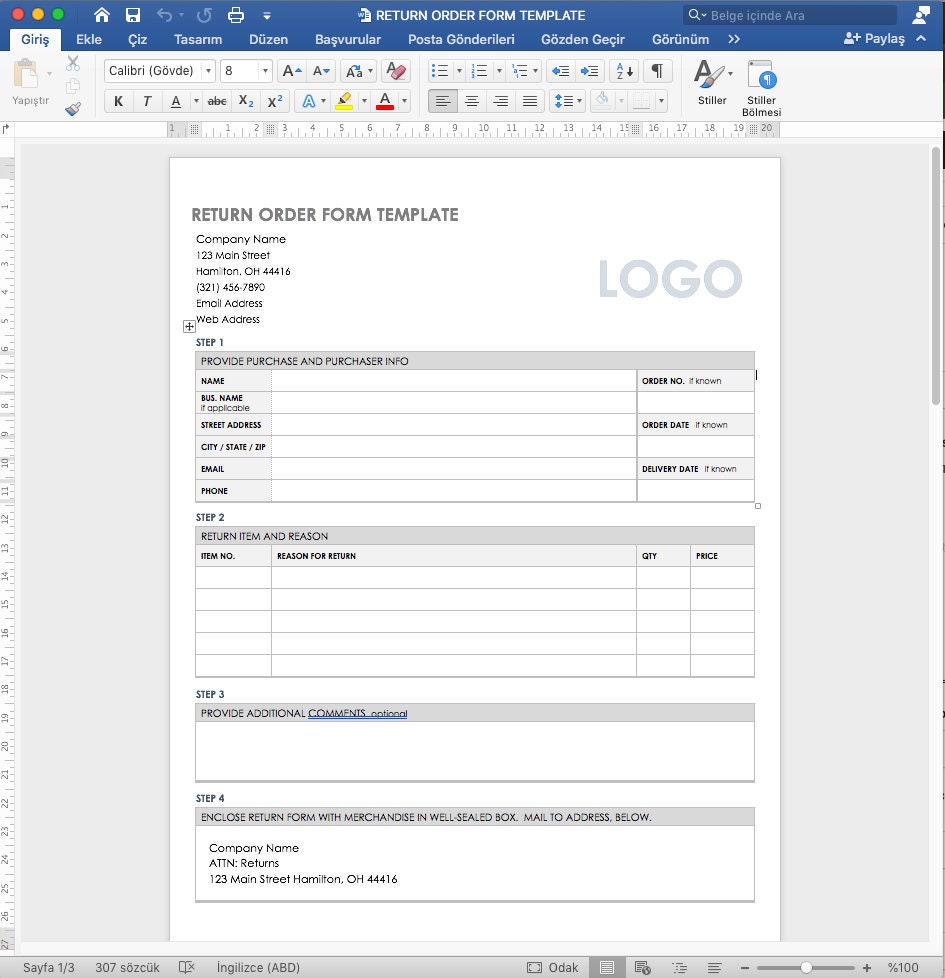 Order Return Template, Delivery Form, Order Form Editable, Merchandise ...