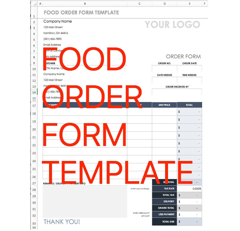 Fillable FOOD Order Form, Excel Printable, Editable, Customizable, FOOD ...