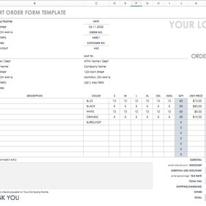 Excel Printable, Editable, Customizable, Fillable T-shirt Order Form ...