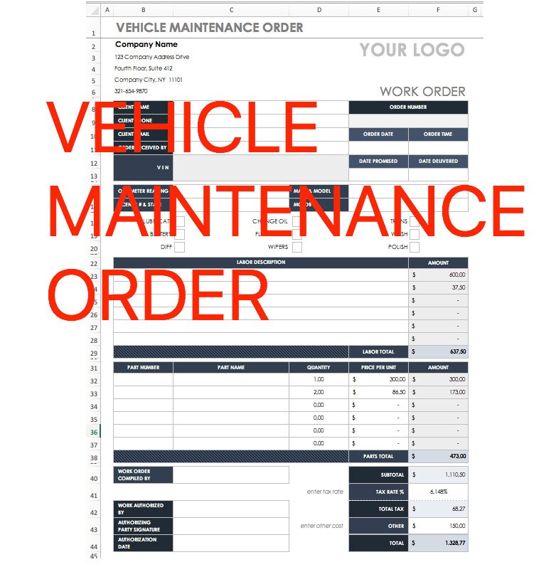 Fillable VEHICLE MAINTENANCE Order Form, Excel Printable, Editable ...