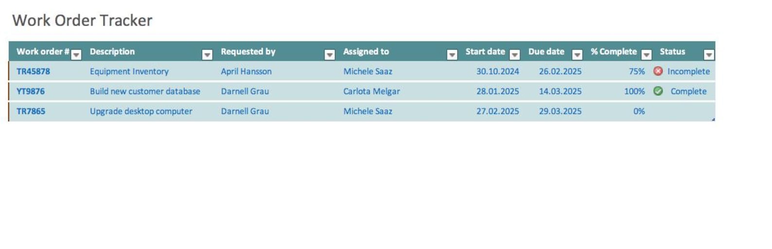 Work Order Tracker Template - Digital Printable Excel & Google Sheets ...