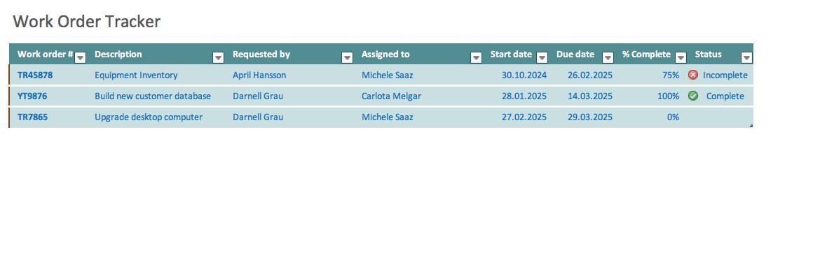Work Order Tracker Excel Printable Editable Excel Label Customizable Office Equipment