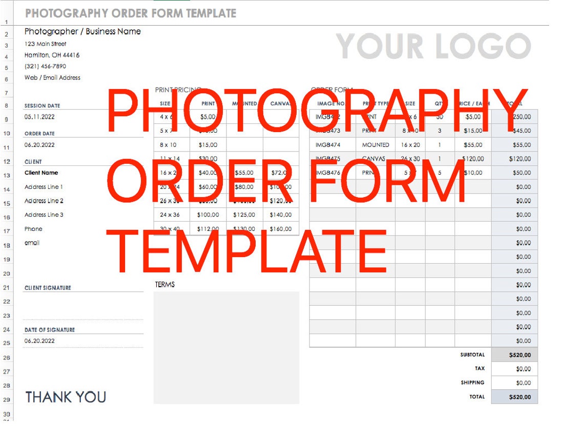 Fillable PHOTOGRAPHY Order Form, Excel Printable, Editable ...