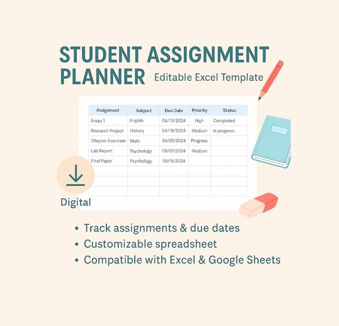 Student Assignment Planner - Editable Excel Template for Schoolwork ...