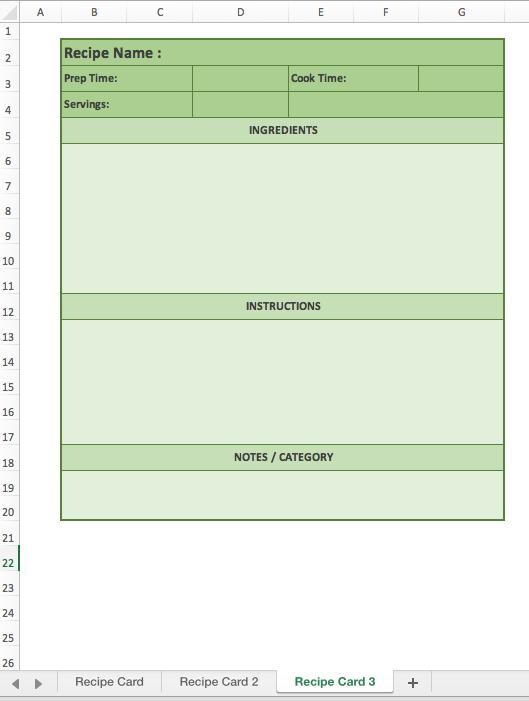 Editable Recipe Cards Excel Template - Printable Digital Recipe Sheet ...