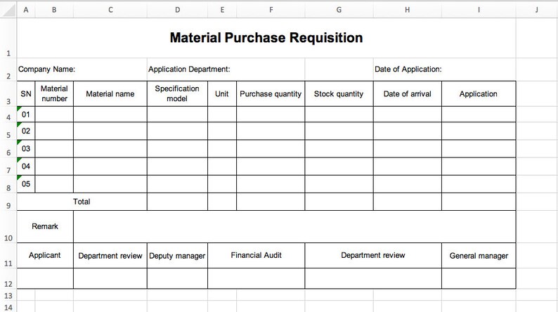 Fillable MATERIAL PURCHASE Order Form, Excel Printable, Editable ...