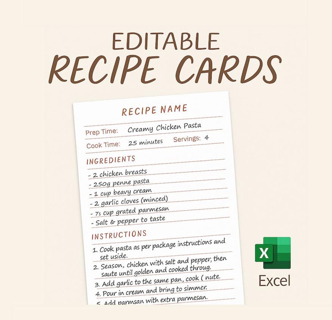 Editable Recipe Cards Excel Template - Printable Digital Recipe Sheet ...