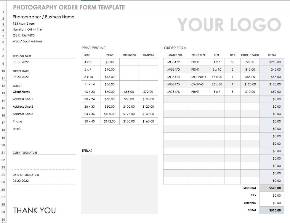 Fillable PHOTOGRAPHY Order Form, Excel Printable, Editable ...