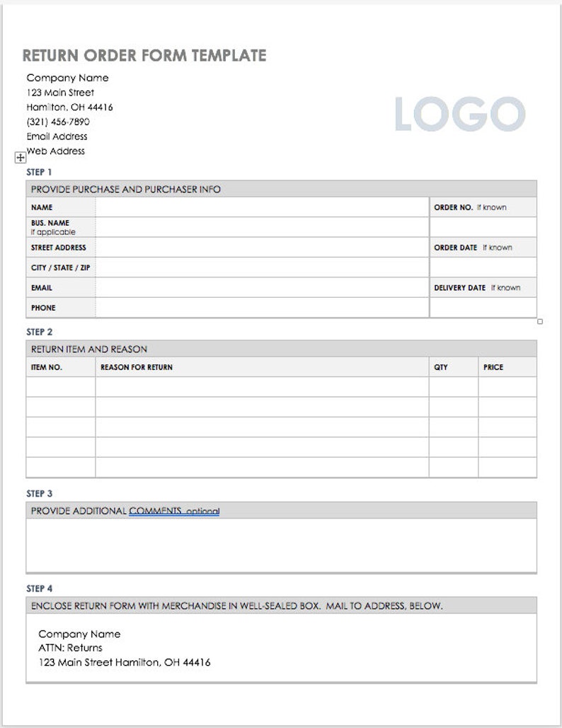 Order Return Template, Delivery Form, Order Form Editable, Merchandise ...