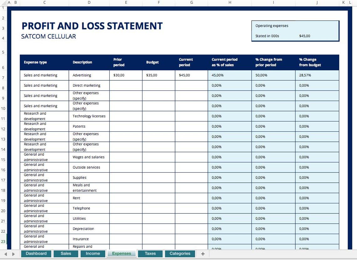 Profit and Loss Statement Template | Editable Excel Spreadsheet ...