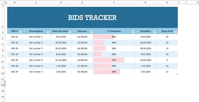 Bid Tracker Template | Editable Excel Spreadsheet for Client Quotes ...