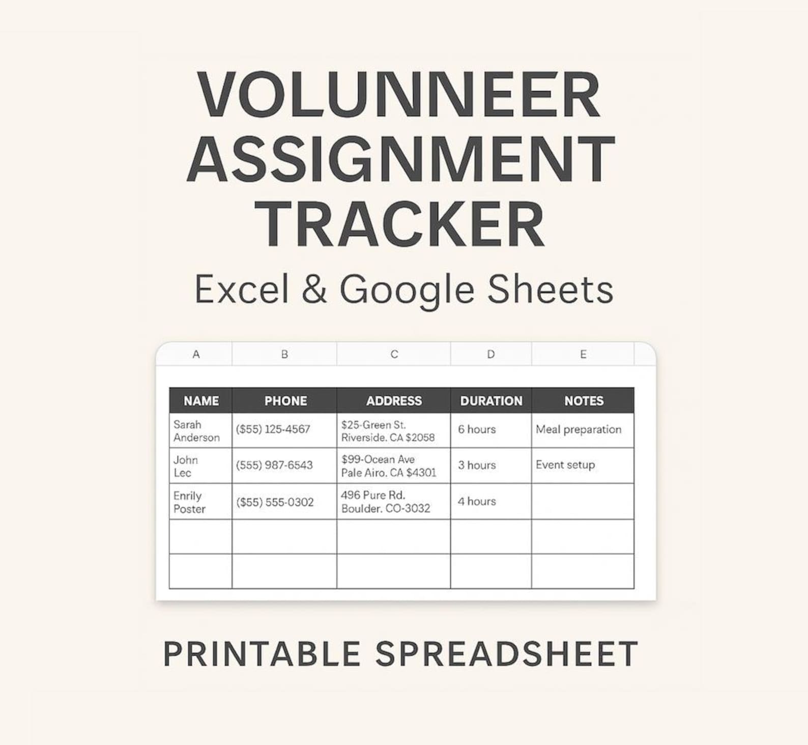Volunteer Assignments Tracker | Editable Excel Sheet for Contact Info ...