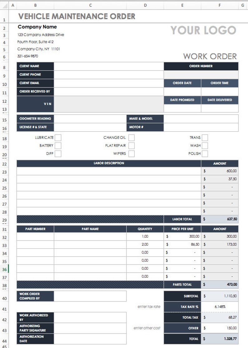 Fillable VEHICLE MAINTENANCE Order Form, Excel Printable, Editable ...
