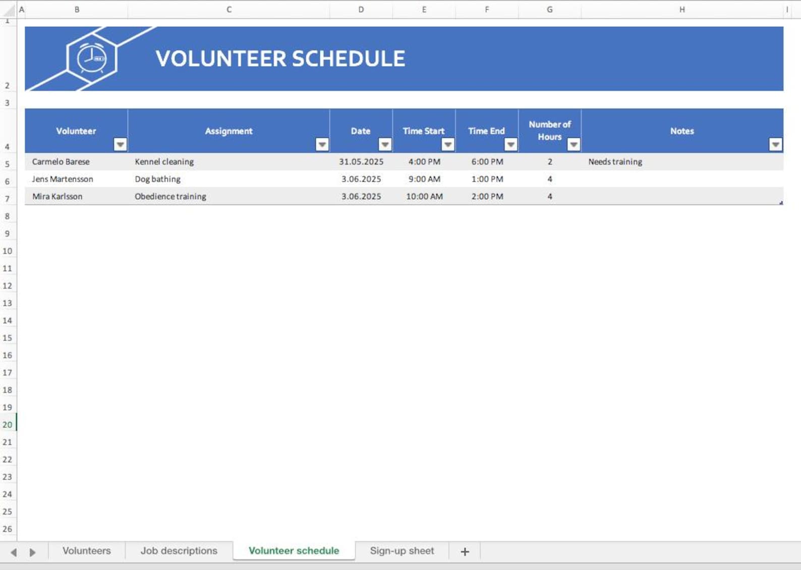 Volunteer Assignments Tracker | Editable Excel Sheet for Contact Info ...