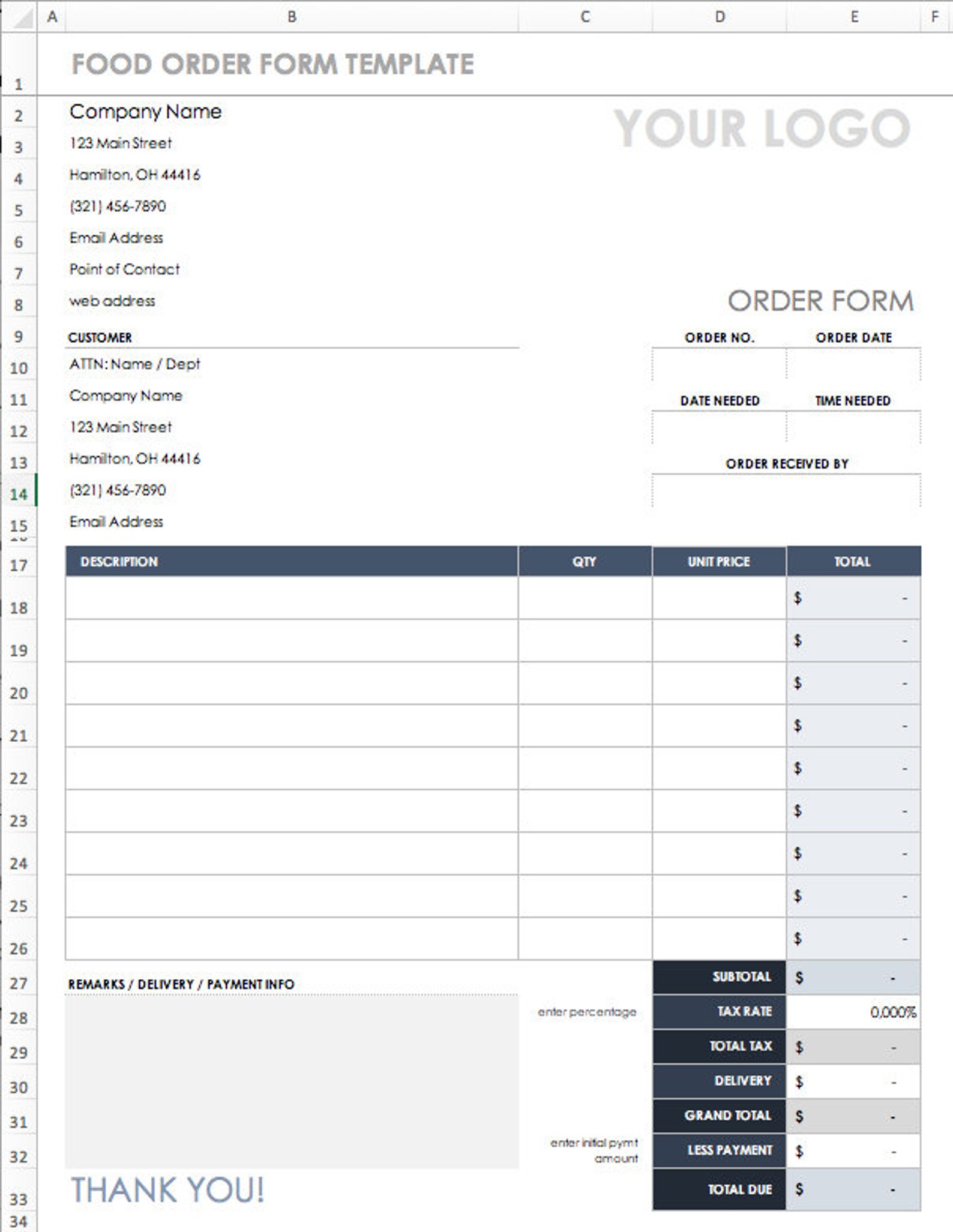 Fillable FOOD Order Form, Excel Printable, Editable, Customizable, FOOD ...