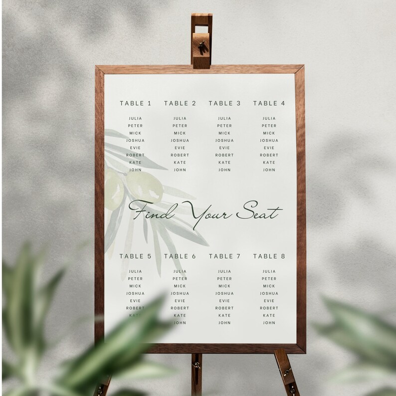 Editable Olive Sage Green Wedding Table Plan Template, Portrait Seat ...