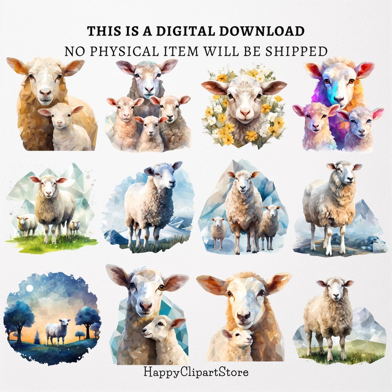 Watercolor Sheep Clipart Bundle,12 Transparent Background High Quality ...