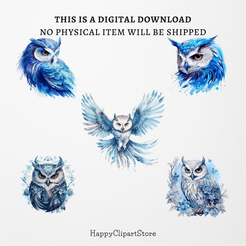 Watercolor Blue Owl Clipart,10 High Quality Pngs,pastel Animal Clipart ...