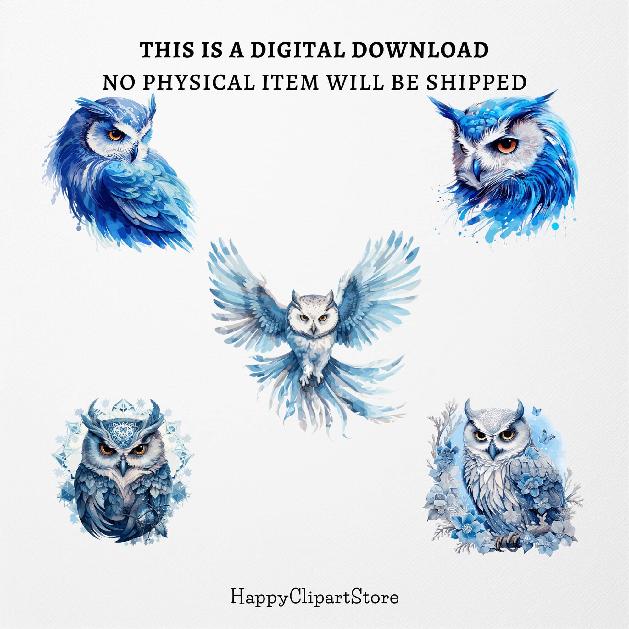 Watercolor Blue Owl Clipart,10 High Quality Pngs,pastel Animal Clipart ...