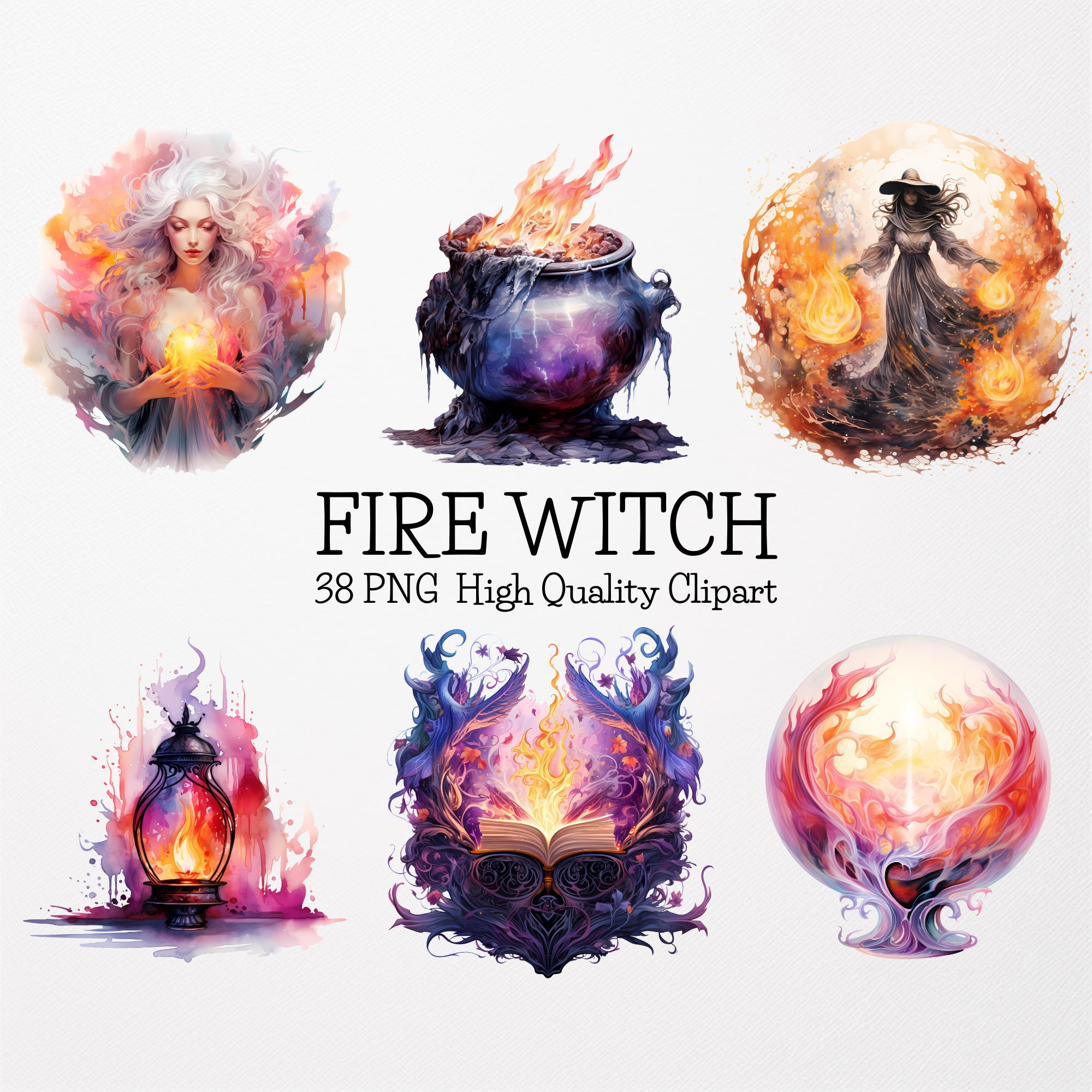 Watercolor Fire Witch Png Clipart Bundle,38 High Quality Png,witch Book ...