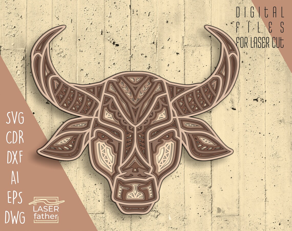 Bull 3D Layered SVG, Digital Download, Ai Cdr Eps Png Dwg Dxf File for ...