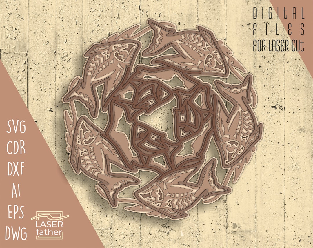 Layered SVG 3D Design Fish Files Ai Cdr Eps Png Dwg Dxf 6 Layers Laser ...