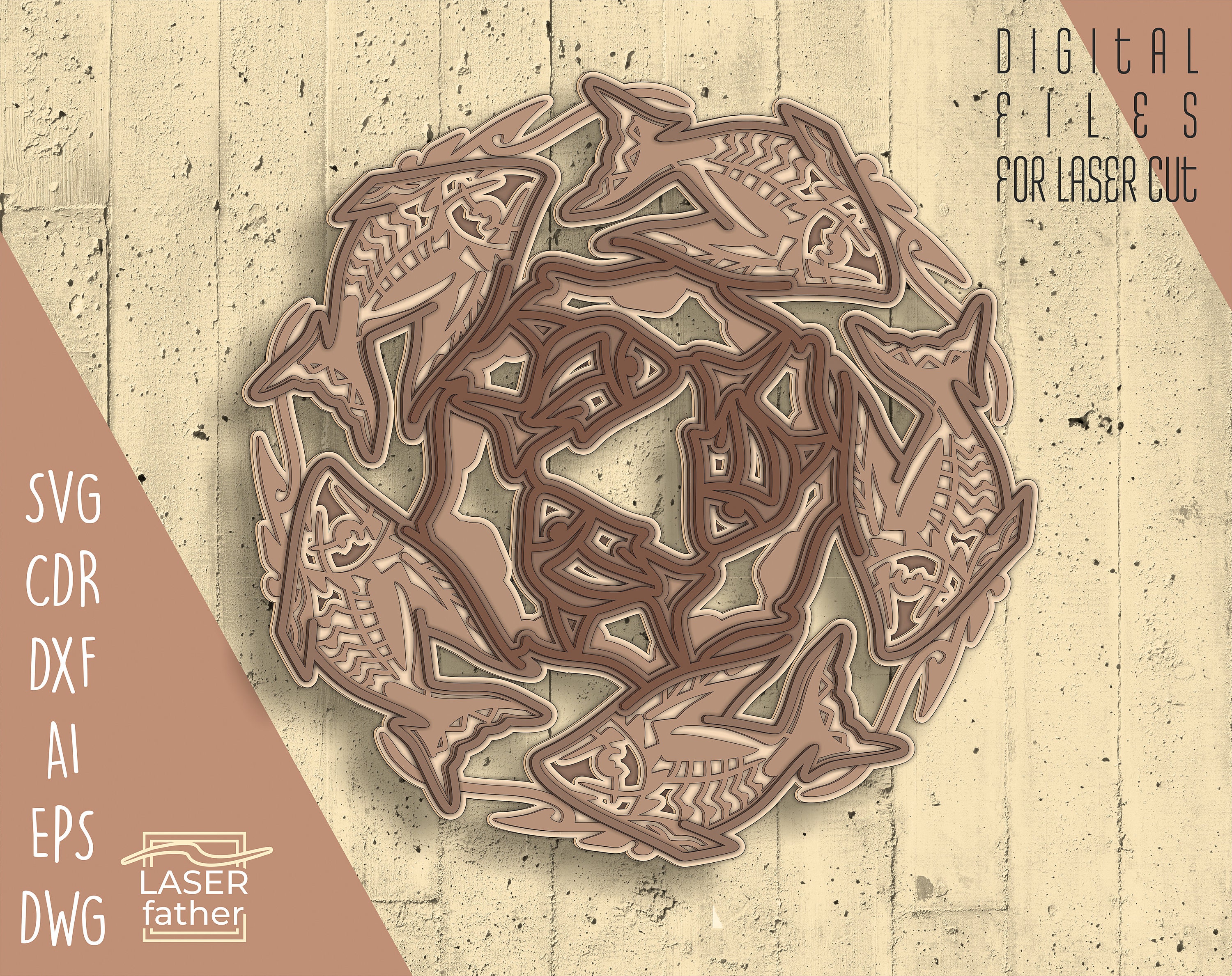 Layered SVG 3D Design Fish Files Ai Cdr Eps Png Dwg Dxf 6 Layers Laser ...